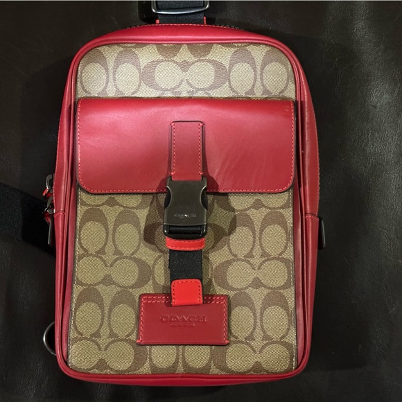 Coach | Bags | Coach Track Packsling Pack Canvas Red Leather | Poshmark